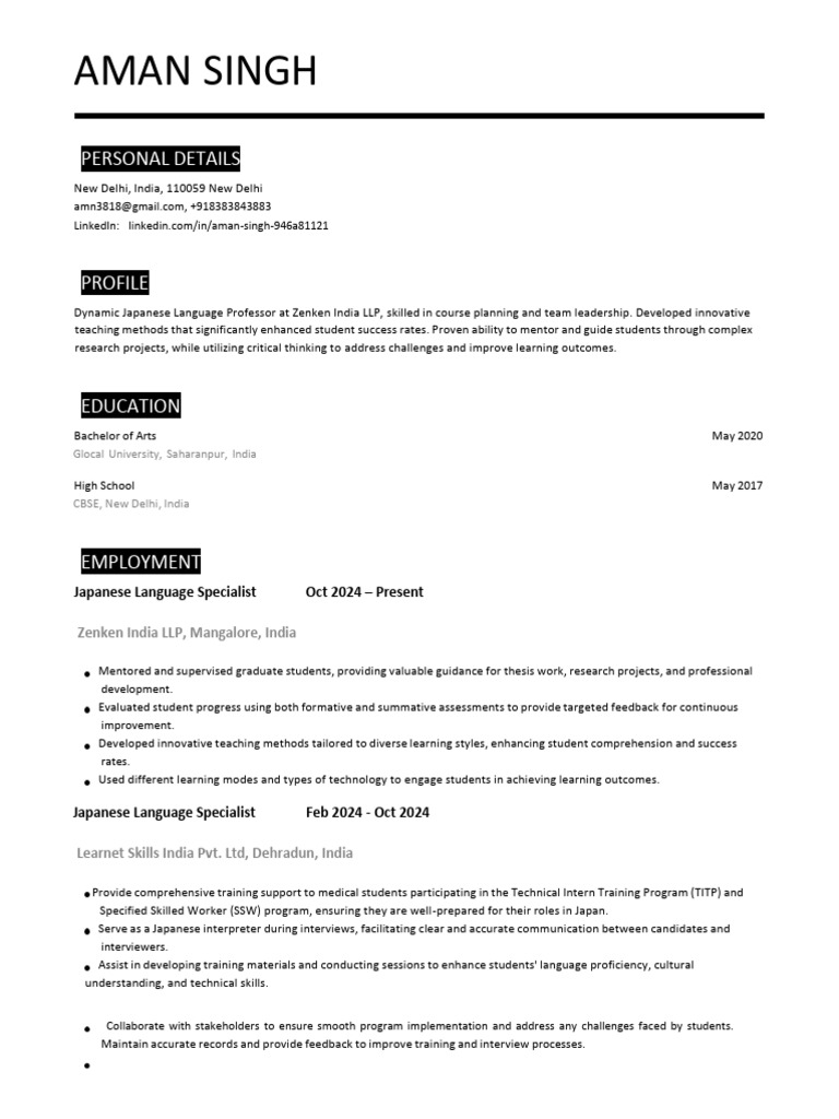 Aman Singh Resume (Zenken) | PDF | Teaching Method | Learning