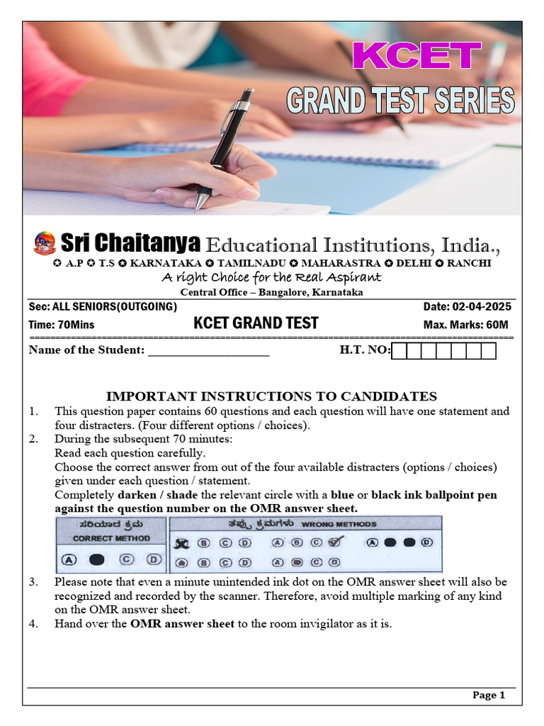 KCET Grand Test Paper 2025 | PDF | Lymph | Epithelium