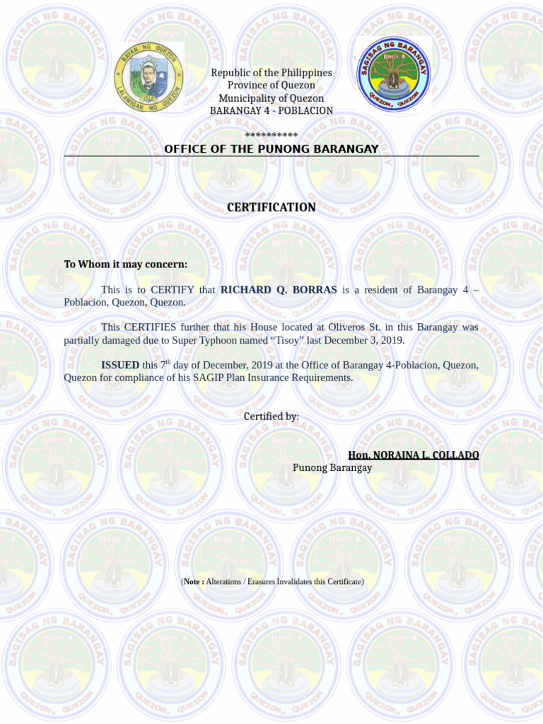Barangay Certification of Typhoon Damage | PDF