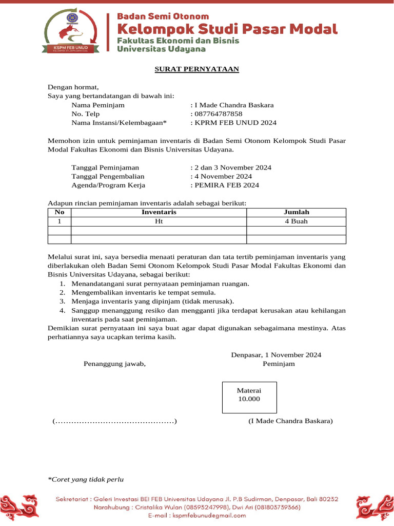 Surat Pernyataan Peminjaman Inventaris BSO KSPM FEB Unud | PDF