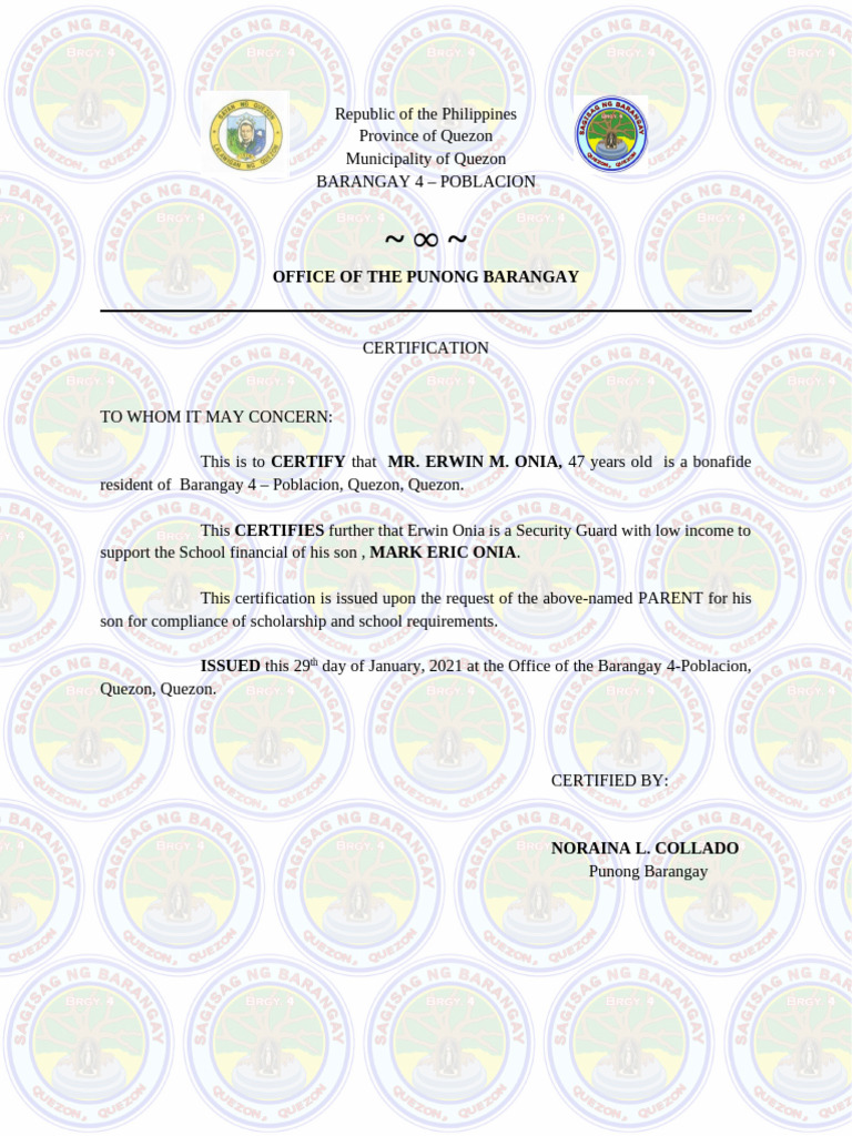 Barangay Low Income Certification Sample | PDF