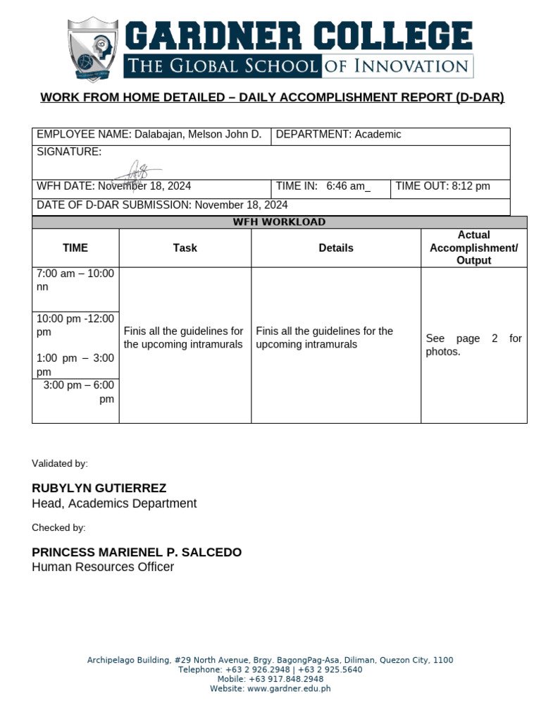 Daily Work from Home Report for Academics | PDF