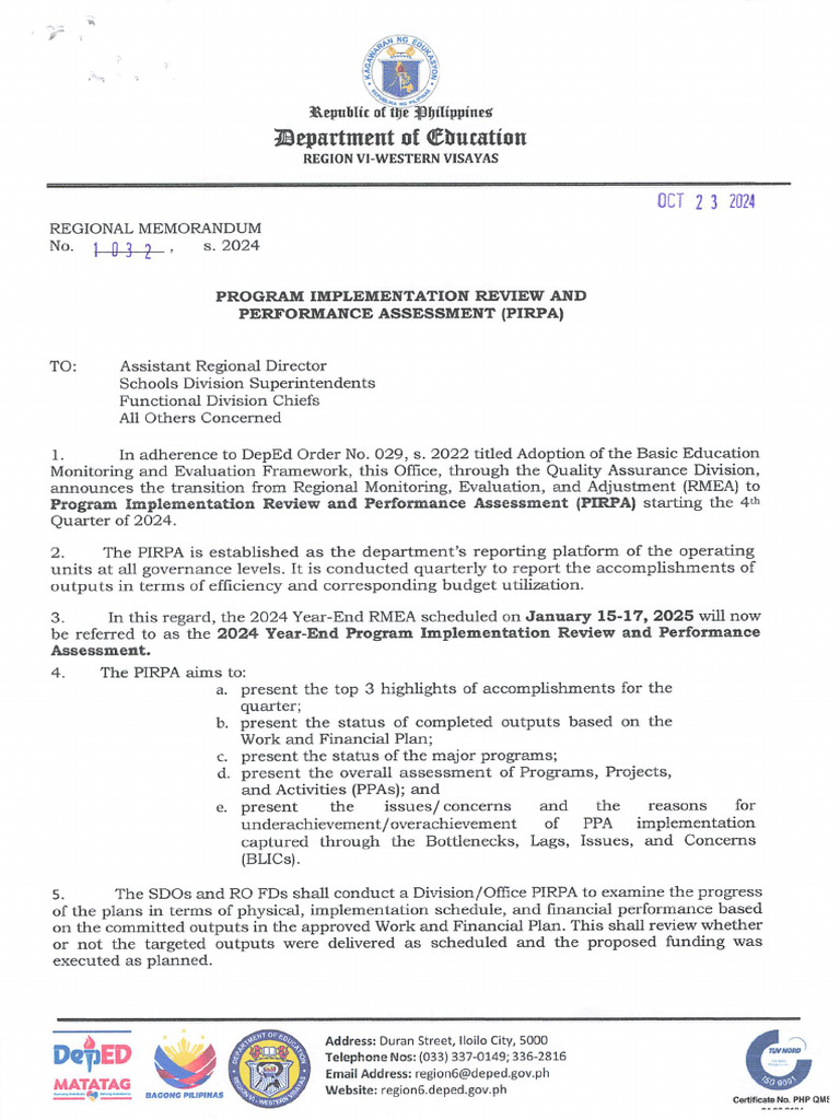 RM No. 1032 S. 2024 - PROGRAM IMPLEMENTATION REVIEW AND PERFORMANCE ...