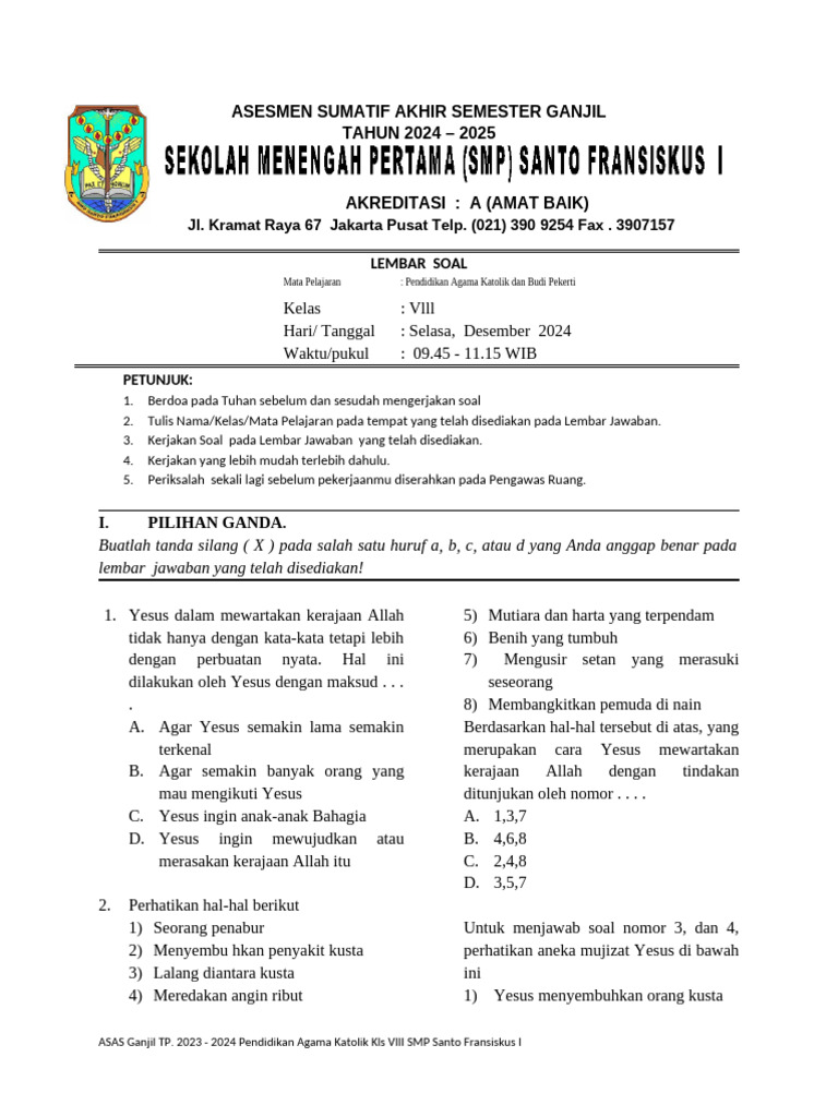 SOAL AGAMA KELAS 8, AKHIR SEMESTER 1 | PDF
