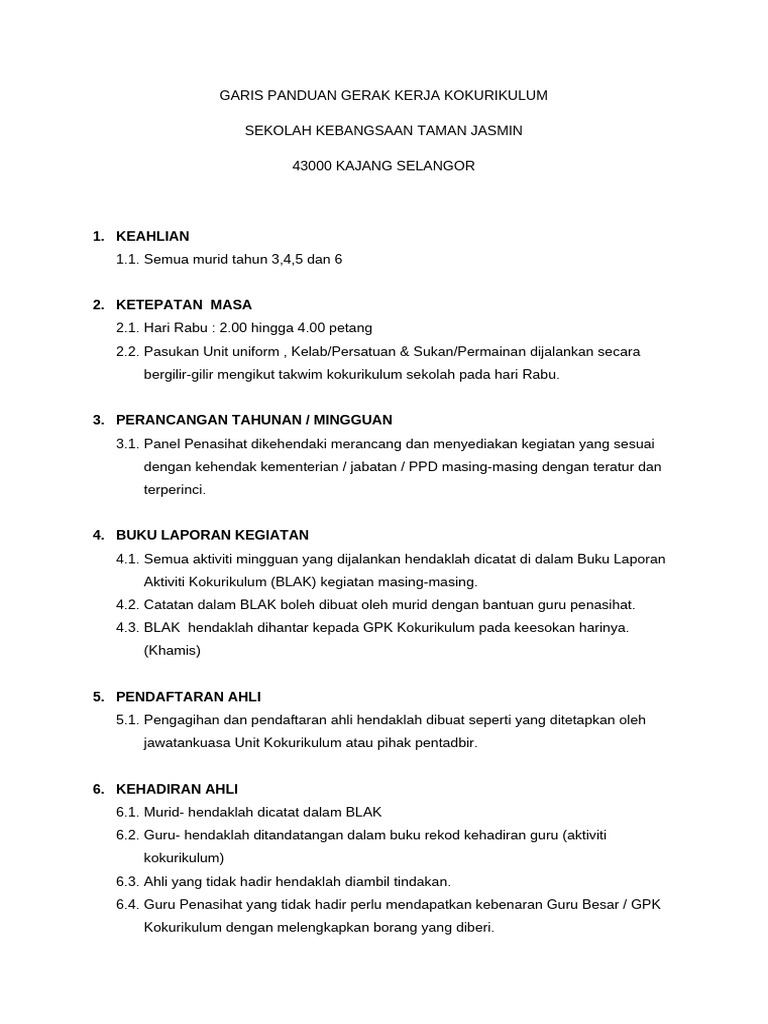 GARIS PANDUAN GERAK KERJA KOKURIKULUM | PDF