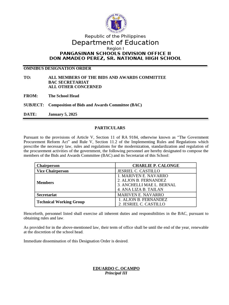 BAC Omnibus Designation Order SHS DAPNHS | PDF | Legal Documents | Justice