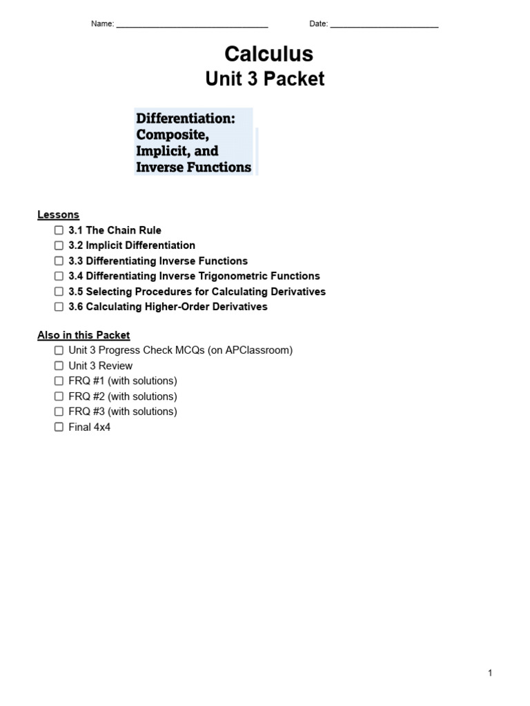 Calculus - Unit 3 Packet, 2024 | PDF | Mathematical Concepts | Analysis