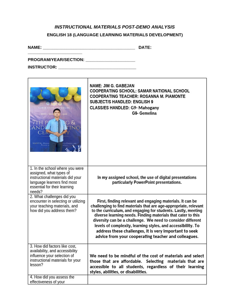 Post Demo Analysis Template Semi | PDF | Learning | Teachers