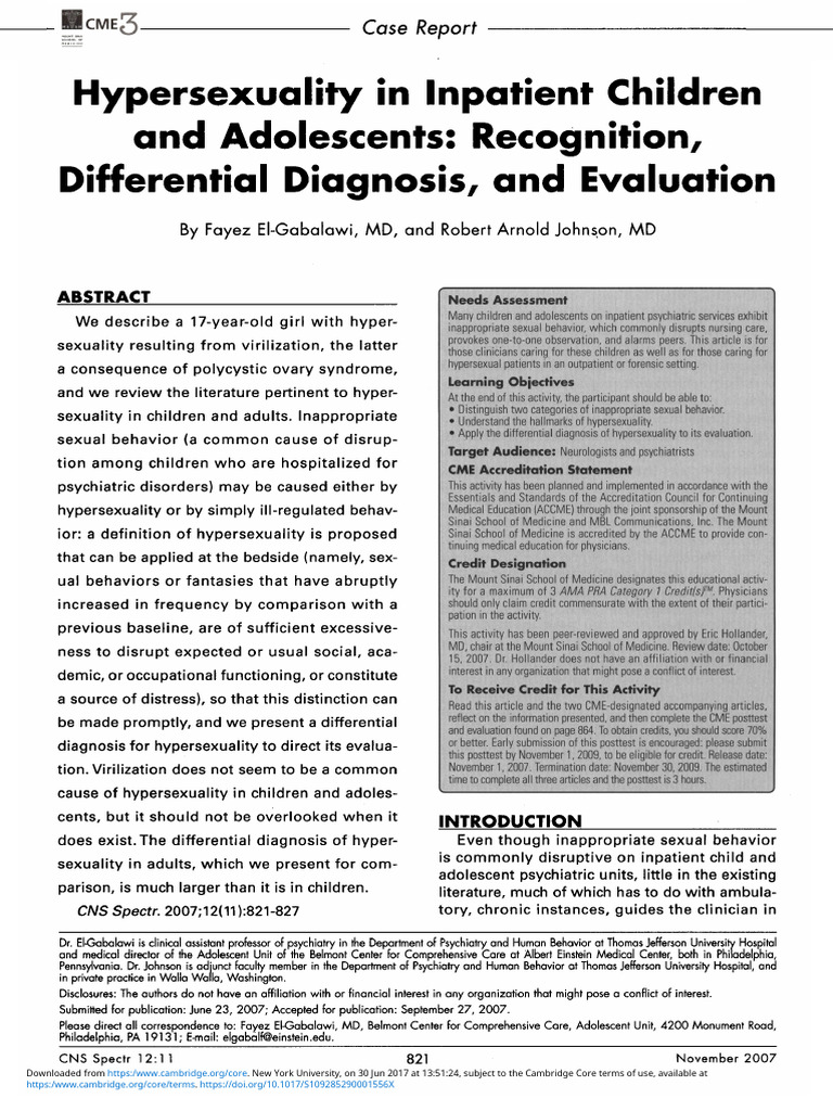 Hypersexuality in Inpatient and Adolescents- Recognition, Differential Diagnosis, and Evaluation ...