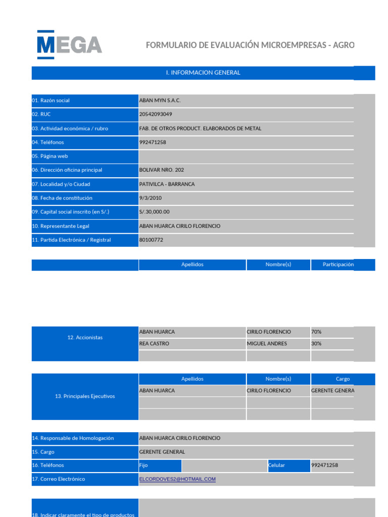 Nuevo Formulario de Evaluación Microempresas - MEGA - ABAN MYN SAC | PDF | Calidad (comercial ...
