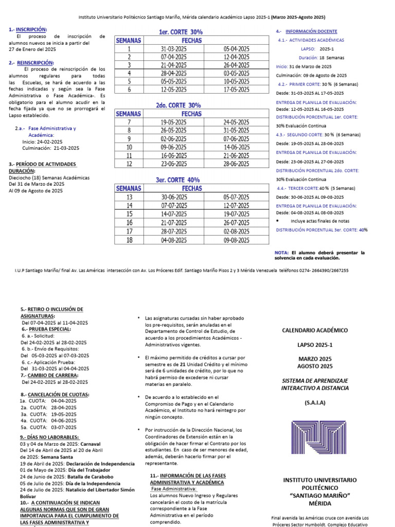 Calendario Académico Tríptico 2025-1 | PDF