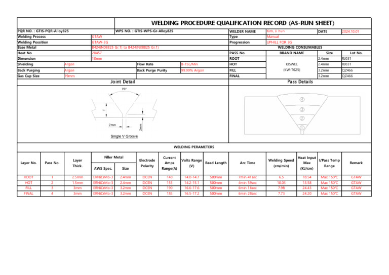 PQR - As - Run - Sheet ALLOY 825 | PDF | Welding | Construction