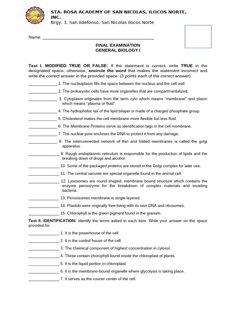 Final Exam: General Biology I Test | PDF | Cell (Biology) | Cell Membrane