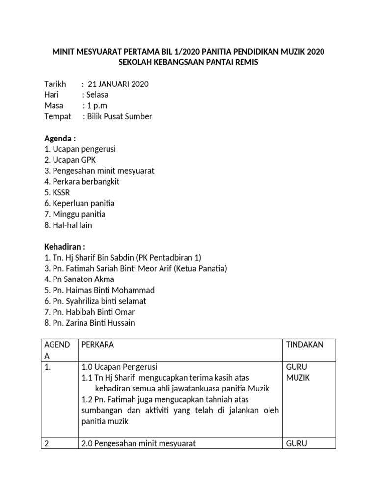 Minit Mesyuarat Pertama Panitia Pendidikan Muzik 2017 | PDF