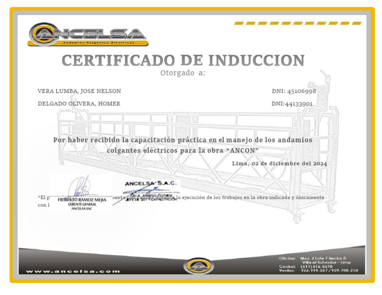 Certificado Induccion 1 | PDF
