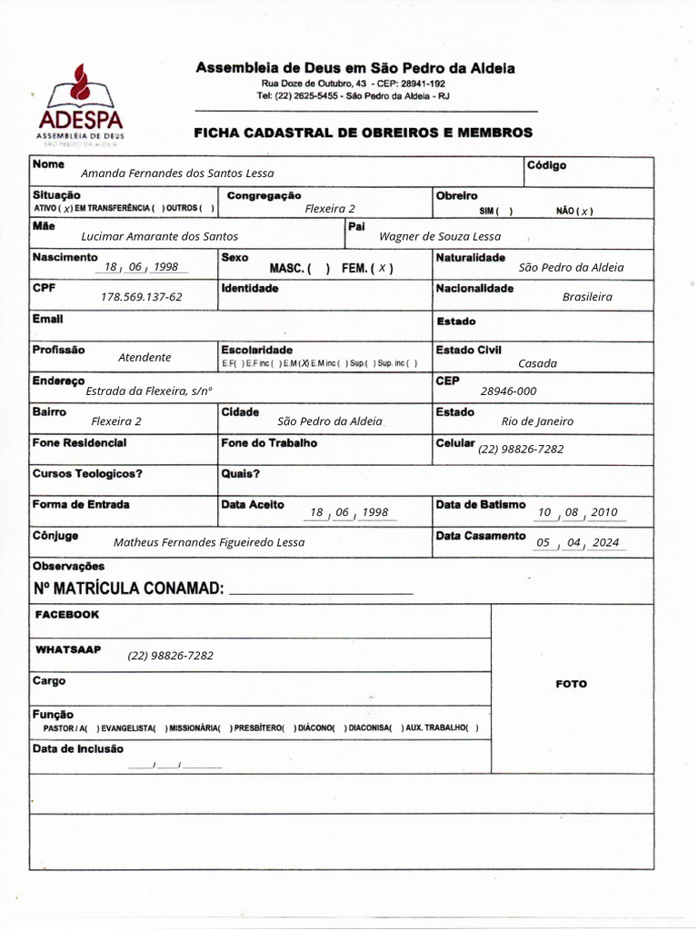 Ficha Cadastral de Obreiros e Membros Amanda | PDF