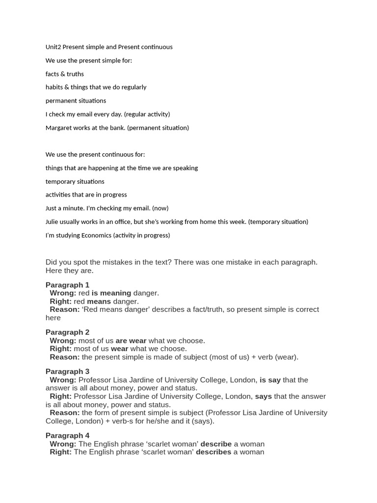Unit 2 Present Simple and Present Continuous | PDF