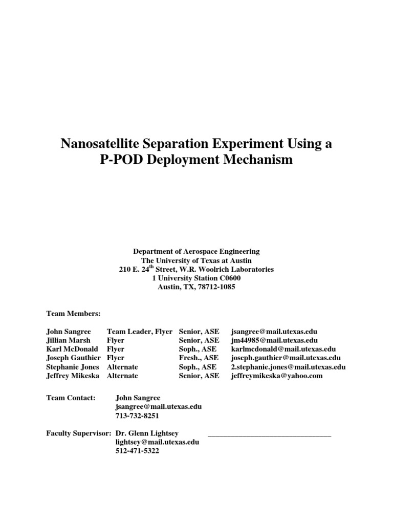 Nano Satellite Separation Experiment Using A P-POD Deployment Mechanism ...