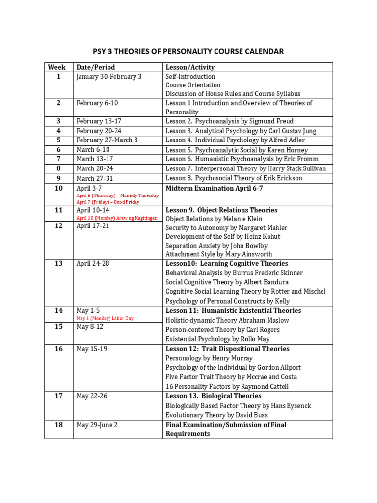 PSY 3 THEORIES OF PERSONALITY COURSE CALENDAR | PDF | Psychology | Psychoanalysis