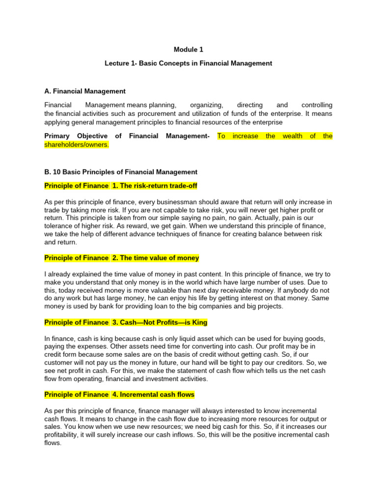 Lecture 1- Basic Concepts in Financial Management | PDF | Risk | Investing