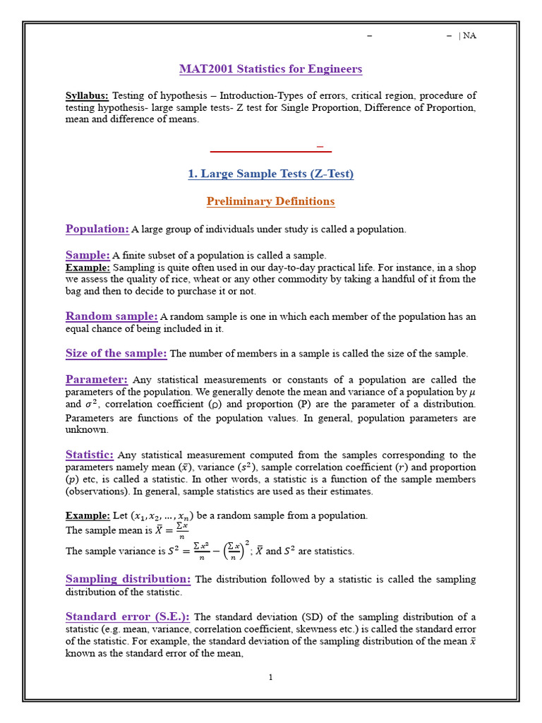 Module V Large Sample (Z-Test) Part 1 Concepts | PDF | Statistical ...