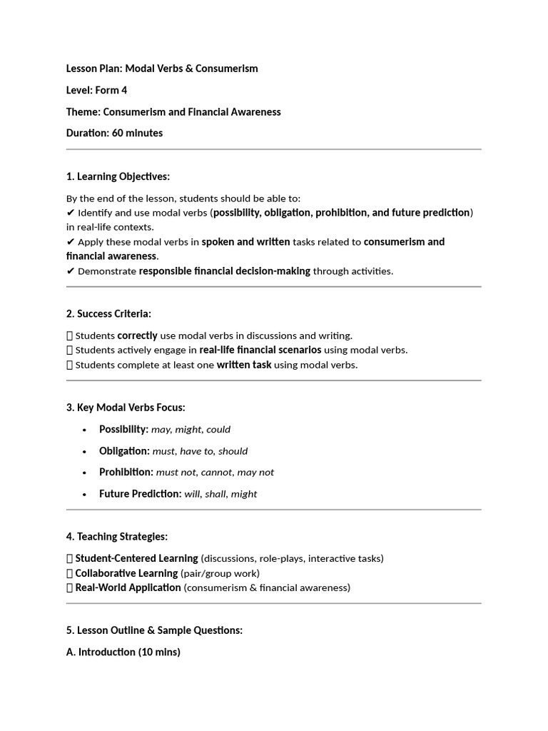 Lesson Plan (Modal Verbs - Consumerism) | PDF | Verb | Lesson Plan