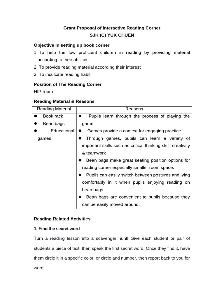 Grant Proposal of Interactive Reading Corner | PDF | Cognition | Learning