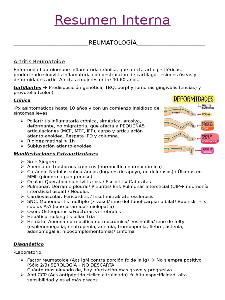 Resumen Interna Cami | PDF | Artritis Reumatoide | Medicina CLINICA