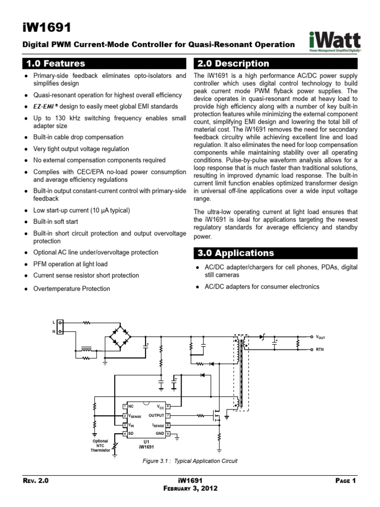 1.0 Features 2.0 Description: Digital PWM Current-Mode Controller For Quasi-Resonant Operation ...