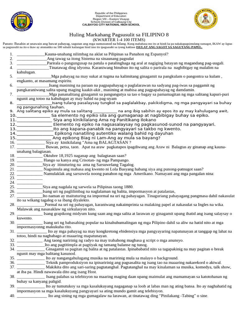 Huling Pagsusulit Q1-Q4 | PDF