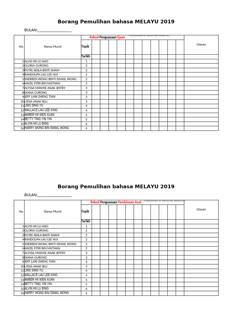 Borang Rekod Pemulihan Bahasa Melayu | PDF