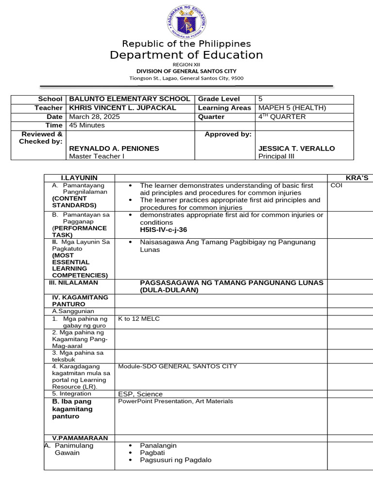 Cot - Mapeh 5 - Q4 - Khris Vincent L Jupackal | PDF