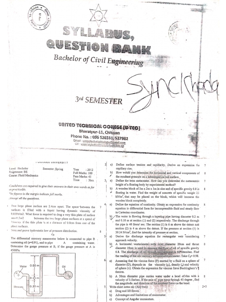 Fluid Mechanics Old Question | PDF