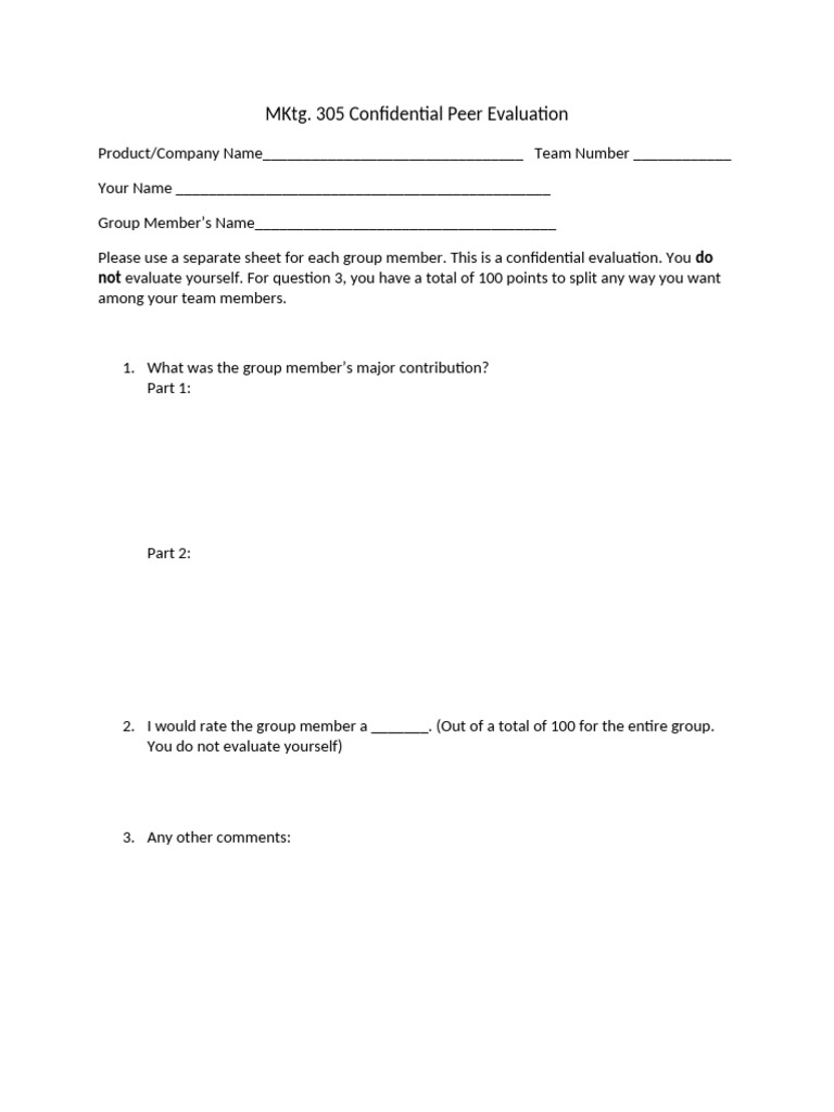 Mktg. 305 Peer Evals | PDF