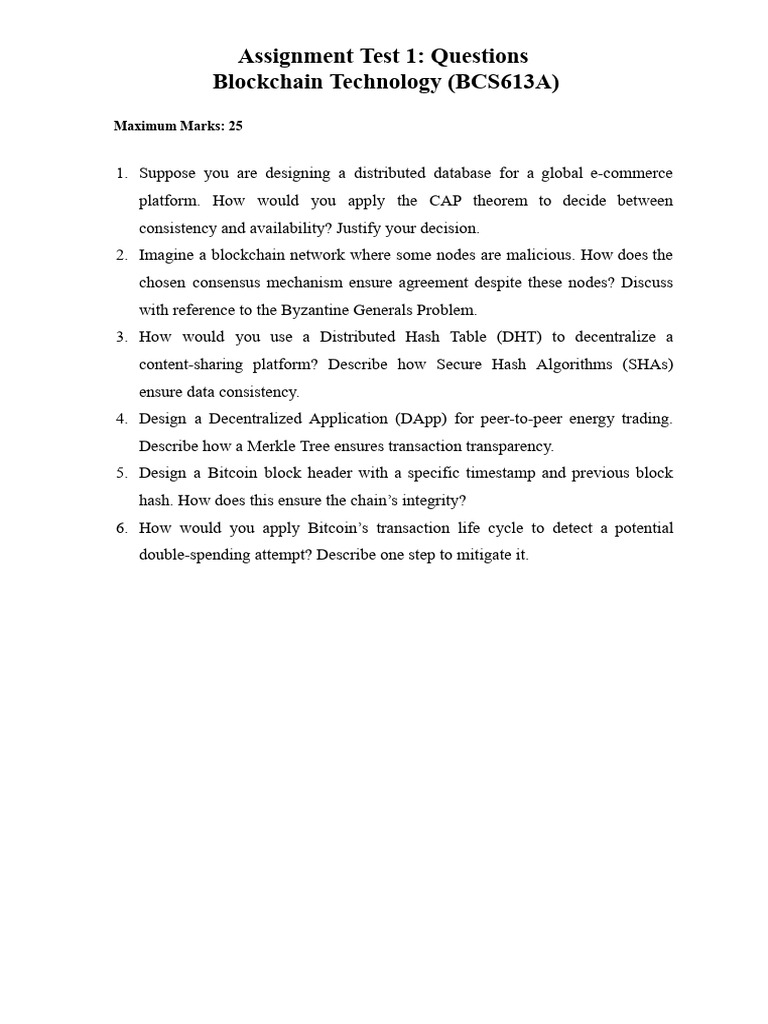 Blockchain Technology (BCS613A)_Assignment Test-1 Questions.docx | PDF