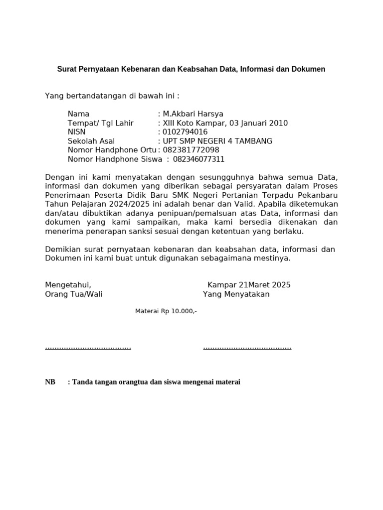 Surat Pernyataan Kebenaran Dan Keabsahan Data | PDF