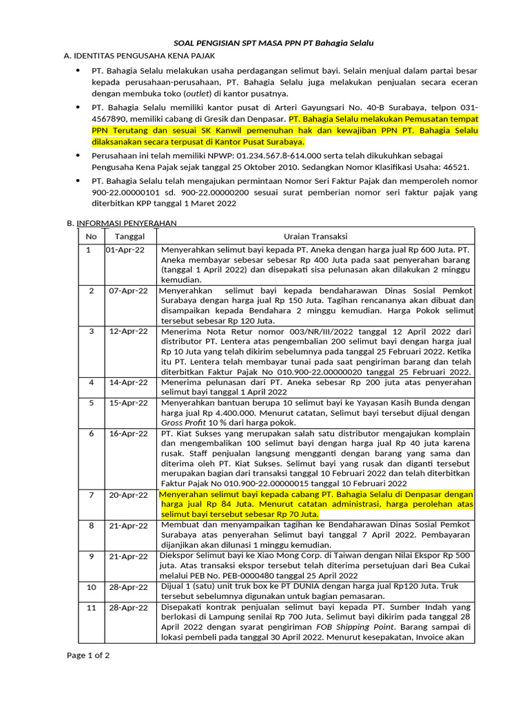 03 Soal Kasus SPT Masa PPN 1111 - Kondisi 3 An. PT Bahagia Selalu-1 | PDF