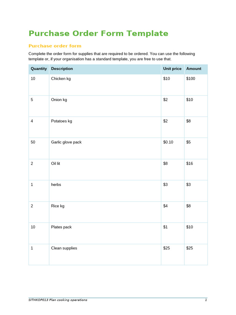 Purchase Order Form Template Guide | PDF