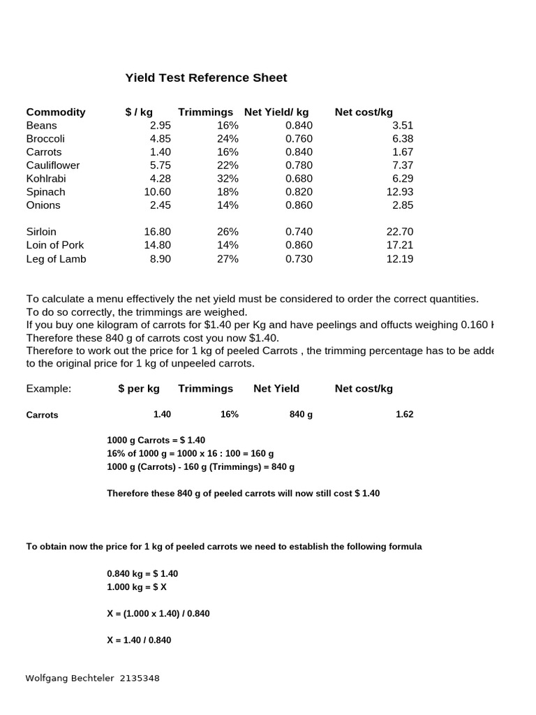 SITHKOP015 Yield Test Reference Sheet | PDF | Cooking | Cuisine