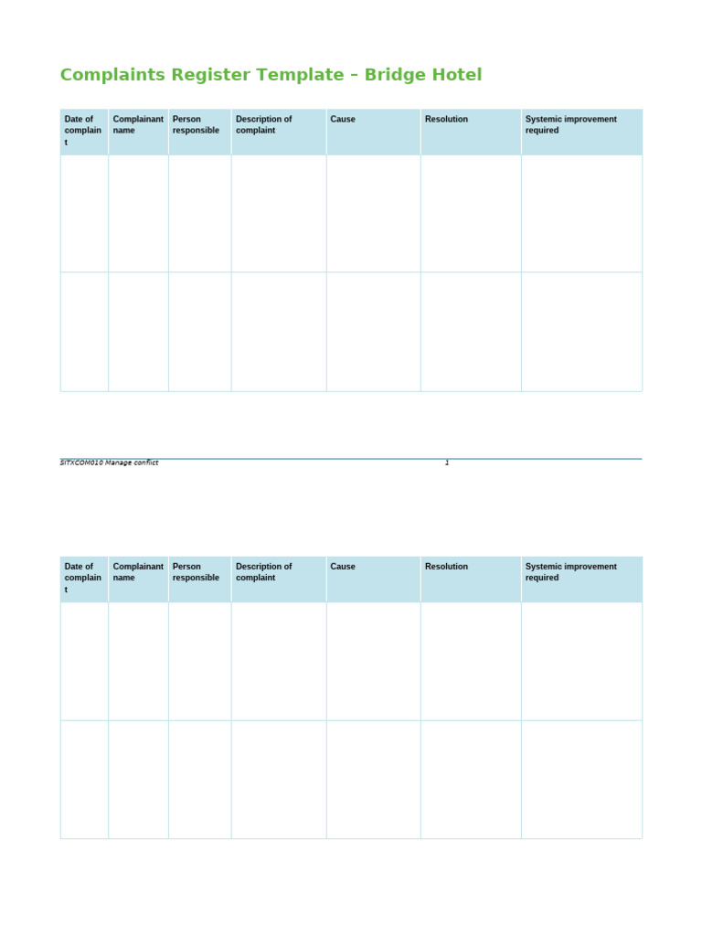SITXCOM010 Complaints Register Template | PDF