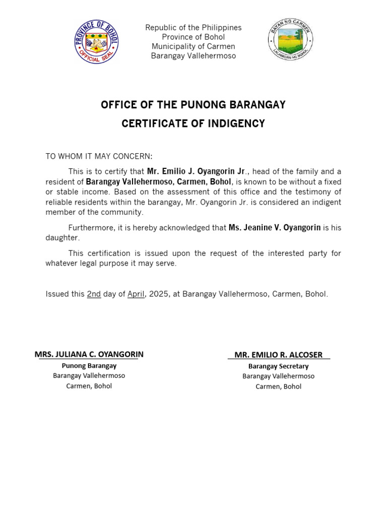 Certificate of Indigency for Emilio Oyangorin | PDF