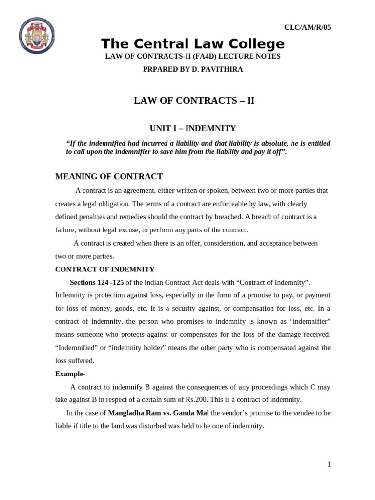 Contract 2 - Lecture-Notes | PDF | Guarantee | Indemnity