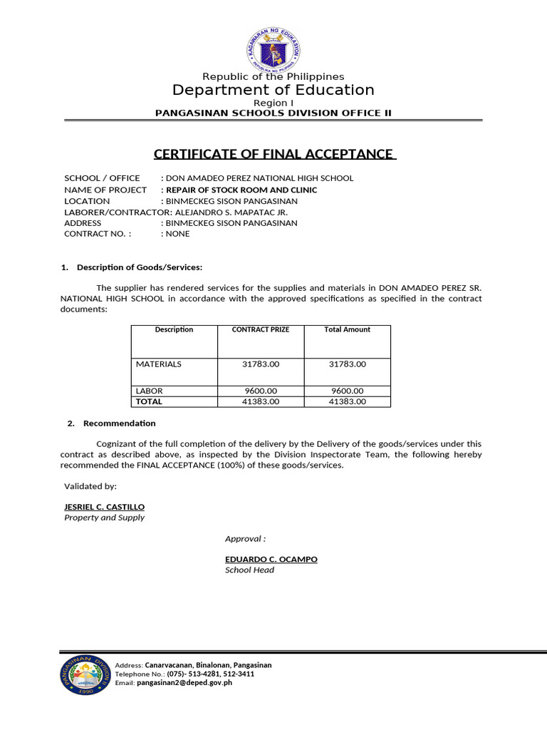 Final Acceptance Certificate for School Repairs | PDF