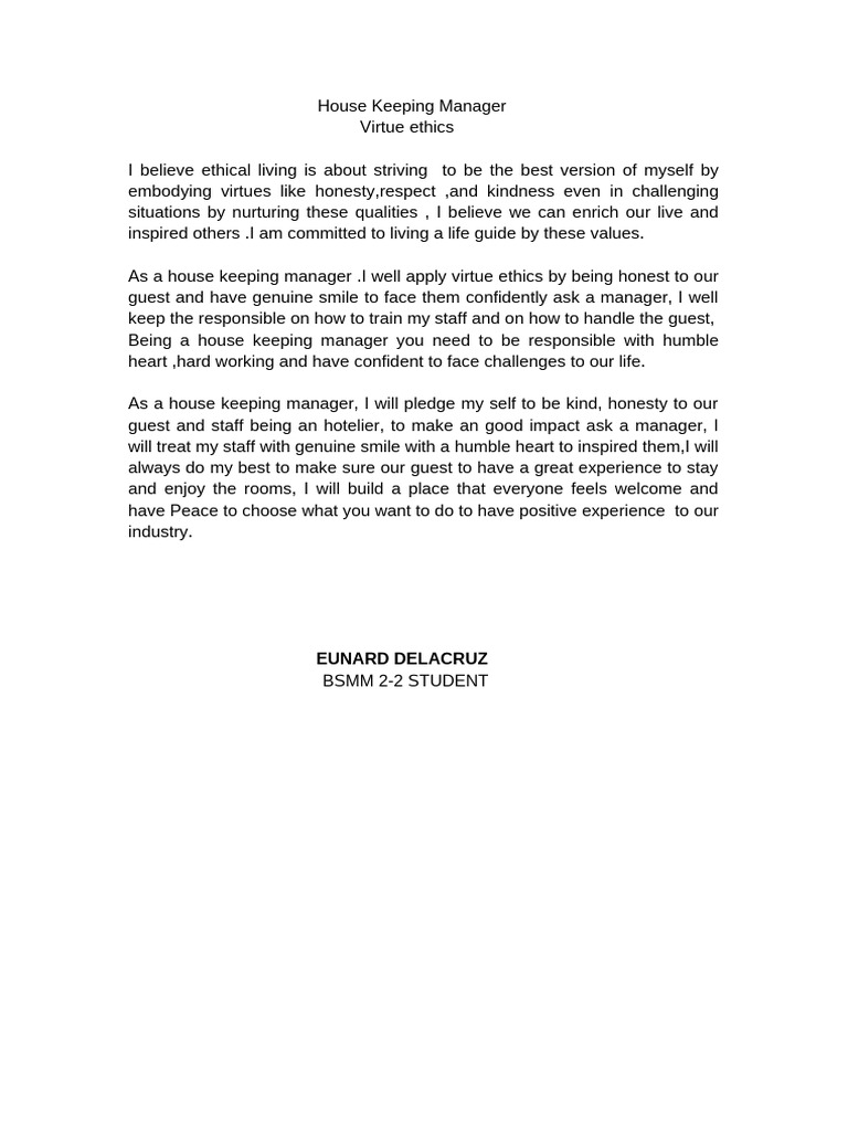Ethical Pledge of a Housekeeping Manager | PDF