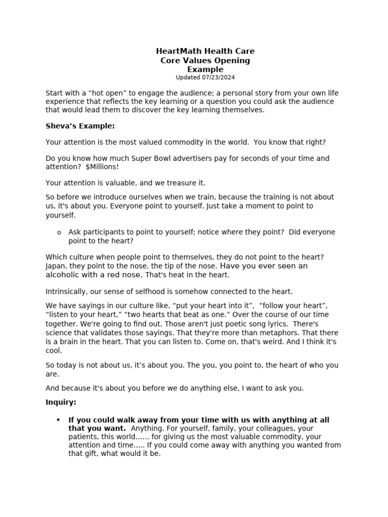 7-24-24 HMCT Health Care CORE VALUES OPENING Abreviated | PDF | Psychology