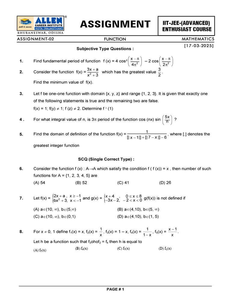 RA-02 JEE-ADV MATH Function 17-03-2025 SC | PDF | Function (Mathematics ...