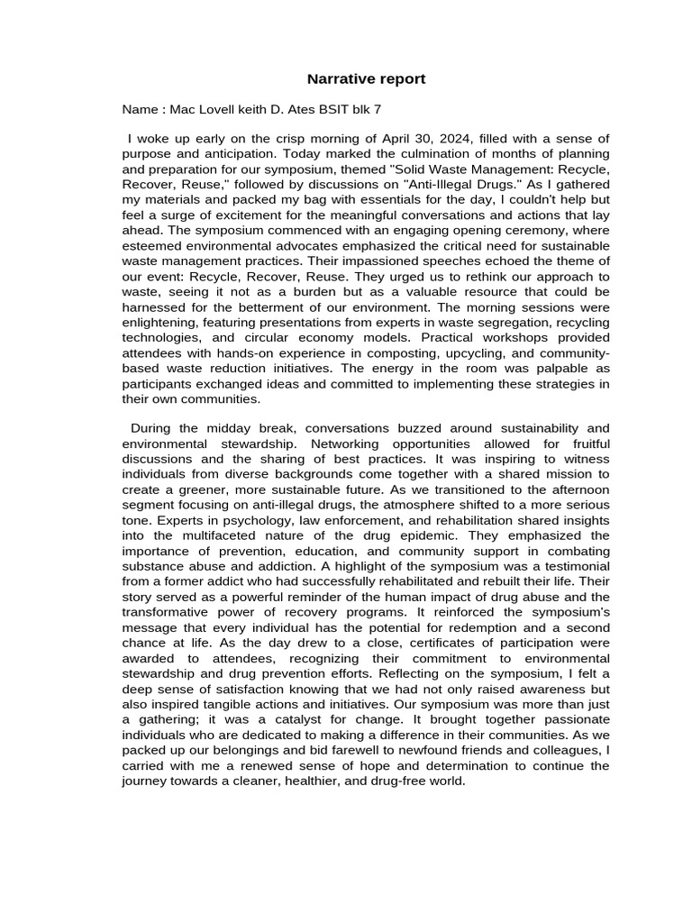 Narrative Report Seminar | PDF | Waste Management | Sustainability