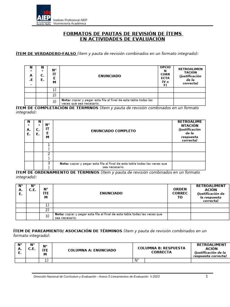 Anexo 5. Formatos de Revisión de Evaluaciones (Pautas Específicas ...