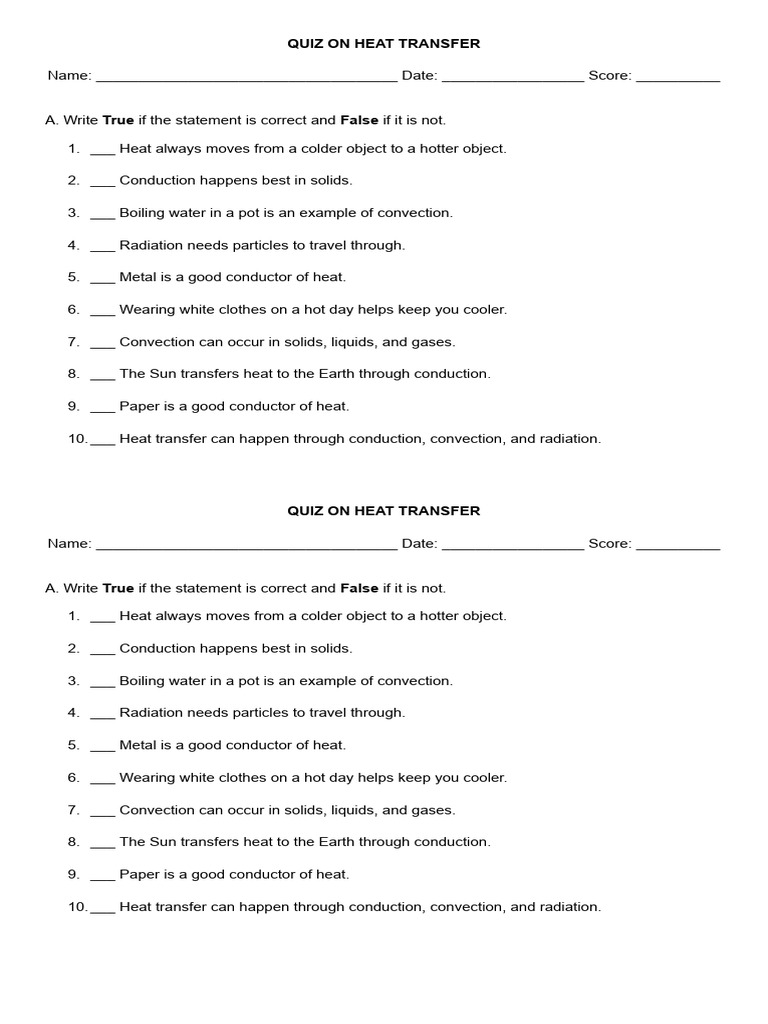QUIZ ON HEAT TRANSFER | PDF | Heat Transfer | Thermal Conduction
