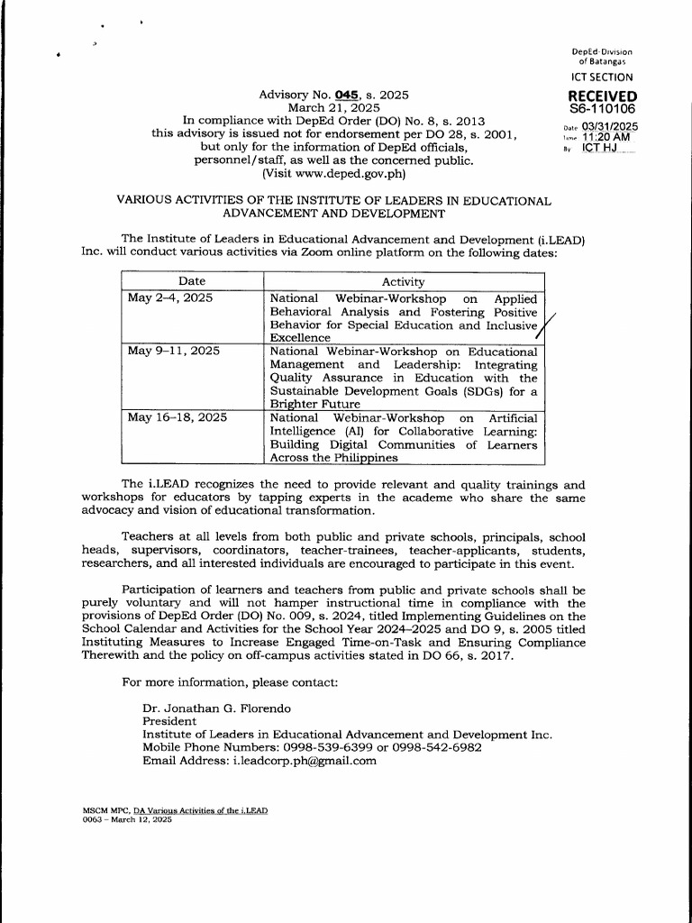 Deped Advisory No. 045 S. 2025-5rj1ssmokaqrqratpe8p | PDF